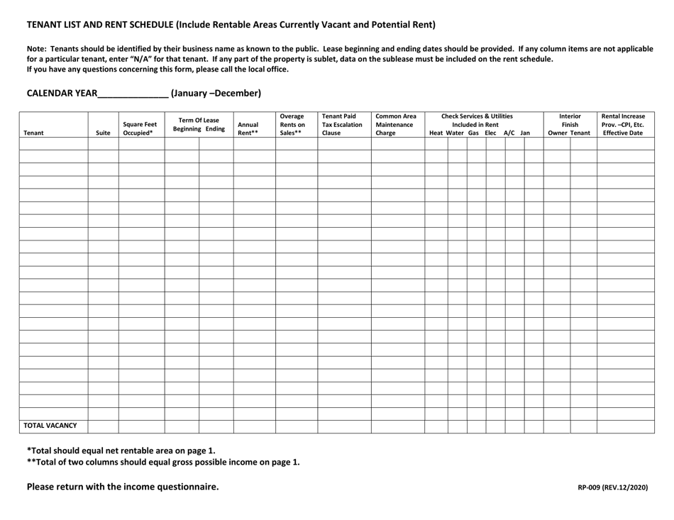 Form RP-009 Download Printable PDF or Fill Online Tenant List and Rent ...