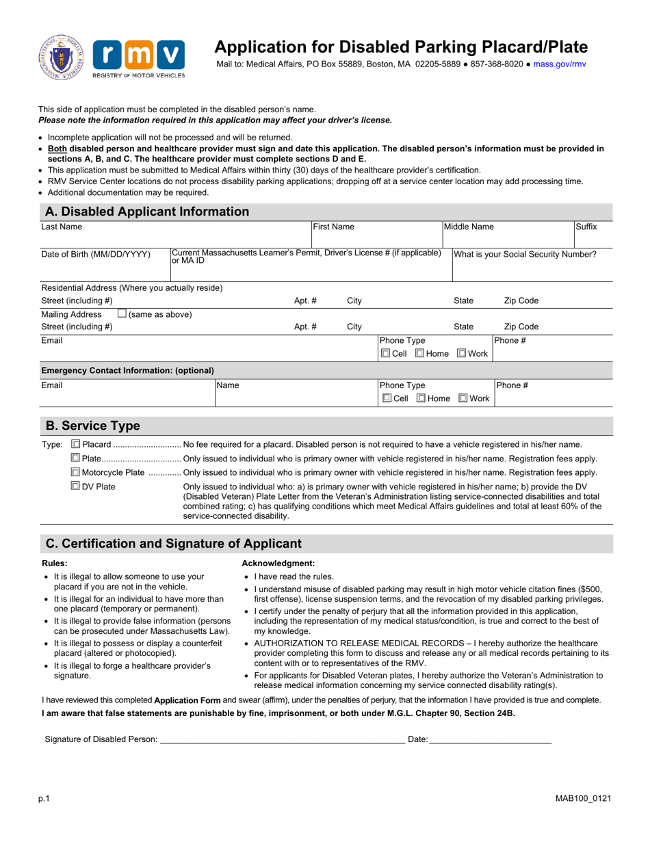 Form MAB100 Download Fillable PDF or Fill Online Application for ...