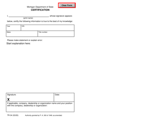 Form TR-34 Download Fillable PDF or Fill Online Certification Michigan ...