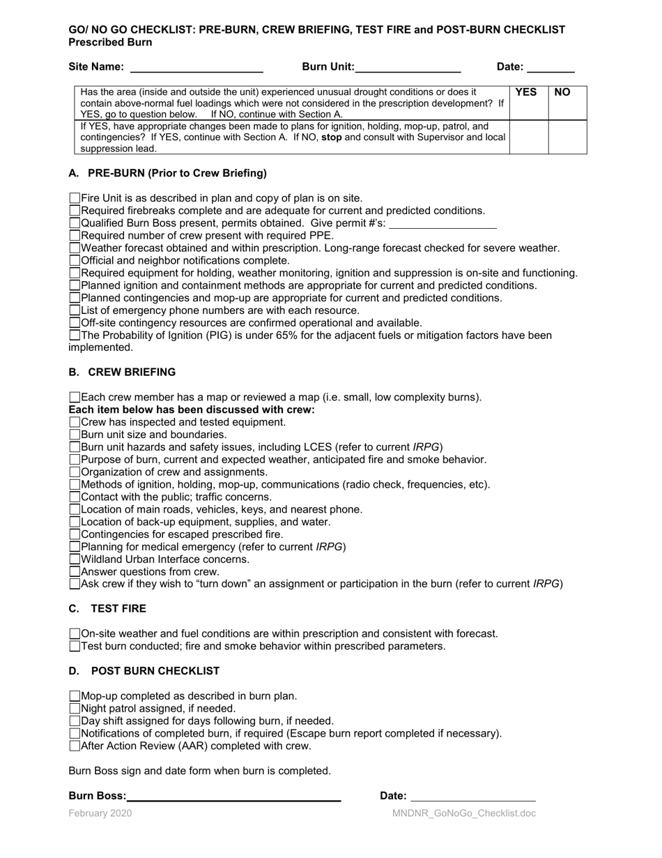 Minnesota Go/ No Go Checklist: Pre-burn, Crew Briefing, Test Fire and ...