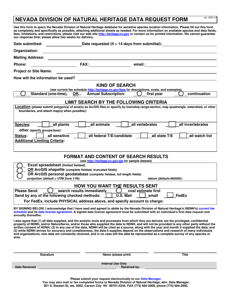 Nevada Nevada Division of Natural Heritage Data Request Form Download ...