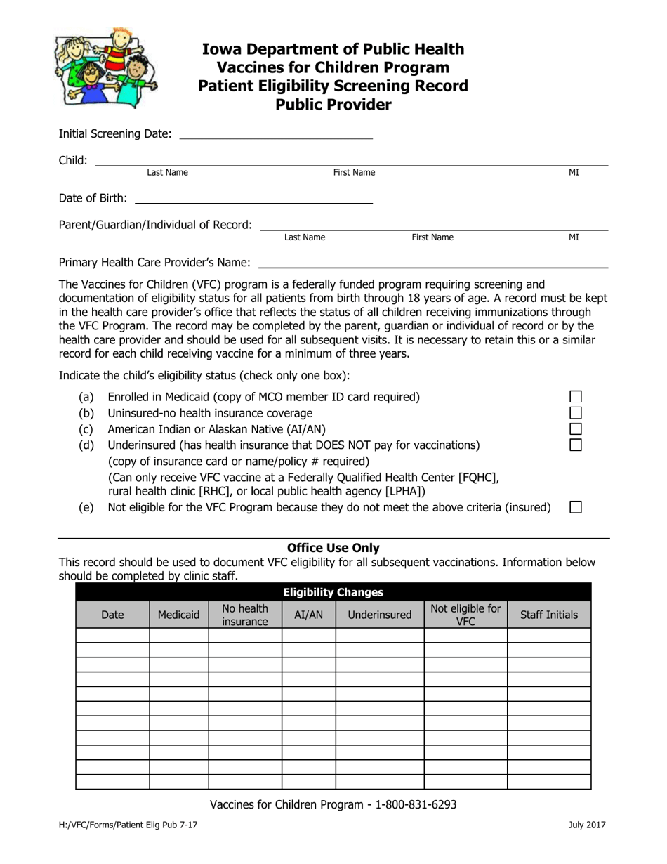 Iowa Vaccines for Children Program Patient Eligibility Screening Record ...