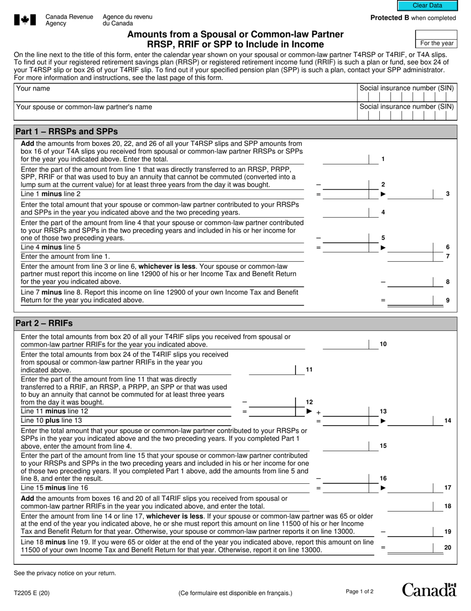 Form T2205 Download Fillable PDF or Fill Online Amounts From a Spousal ...