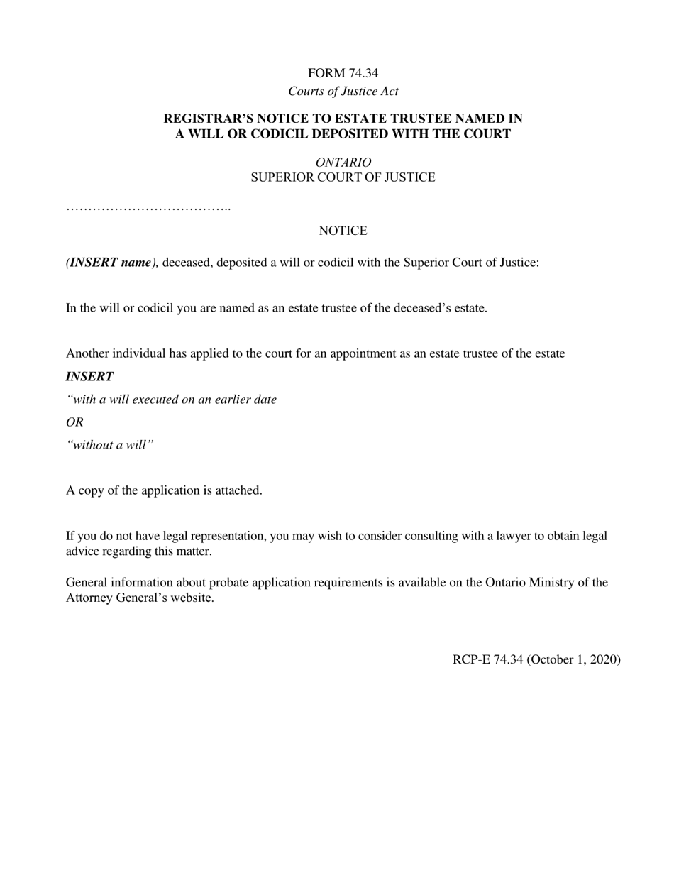 Form 74.34 Download Printable PDF or Fill Online Registrar's Notice to ...
