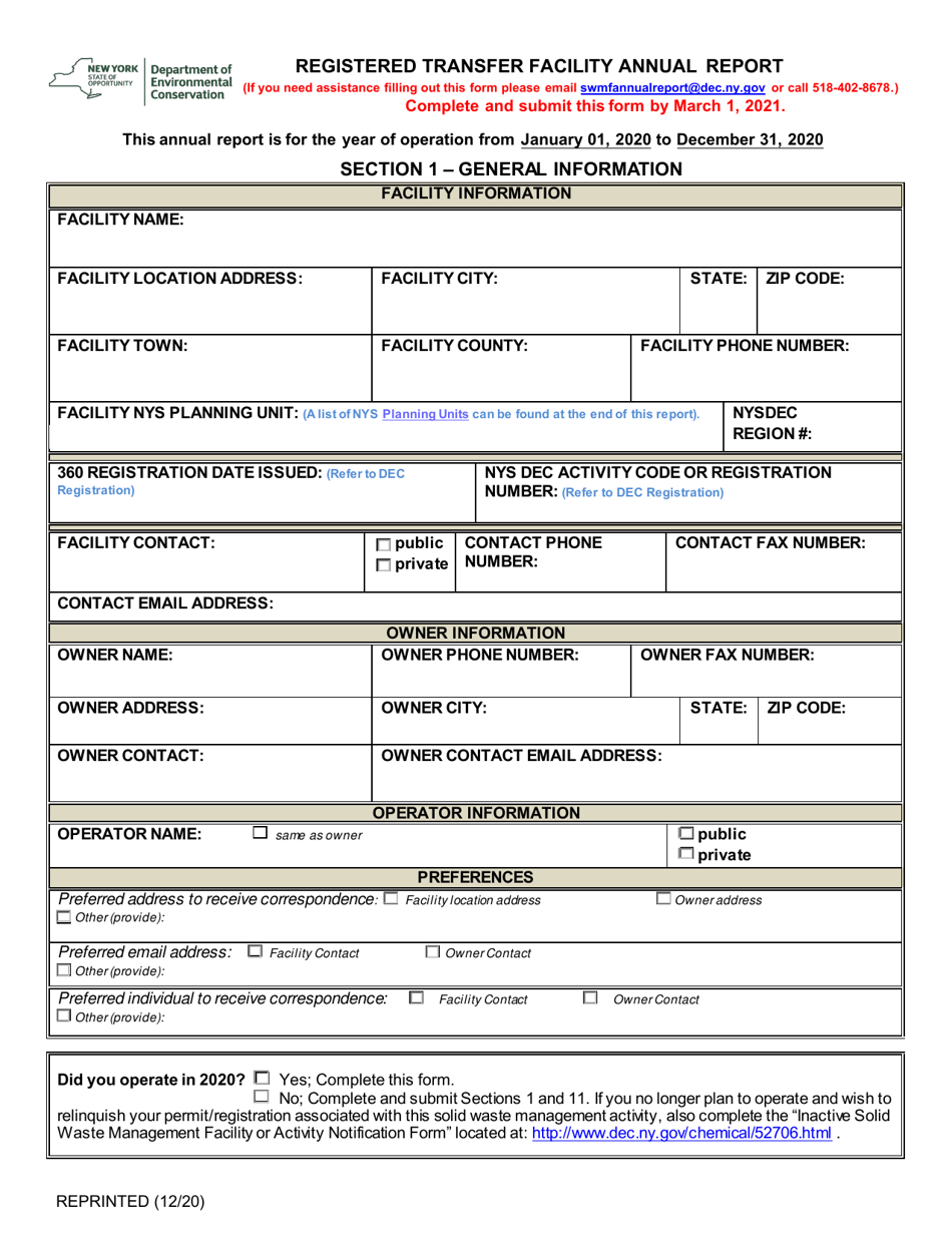 2020 New York Registered Transfer Facility Annual Report - Fill Out ...