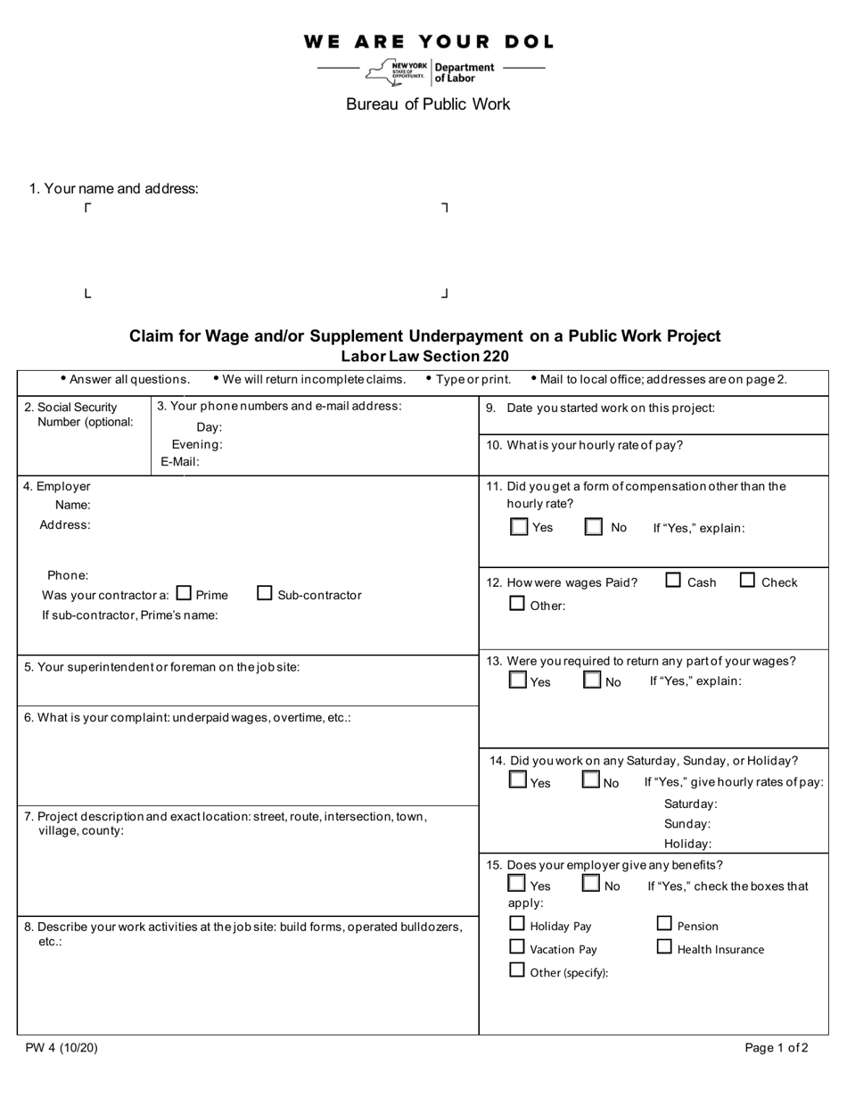 Form PW4 Download Fillable PDF or Fill Online Claim for Wage and/or ...