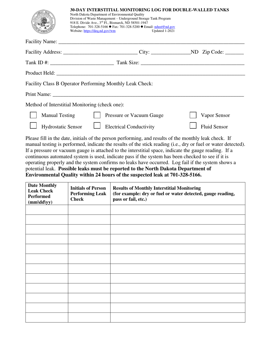 North Dakota 30-day Interstitial Monitoring Log for Double-Walled Tanks ...