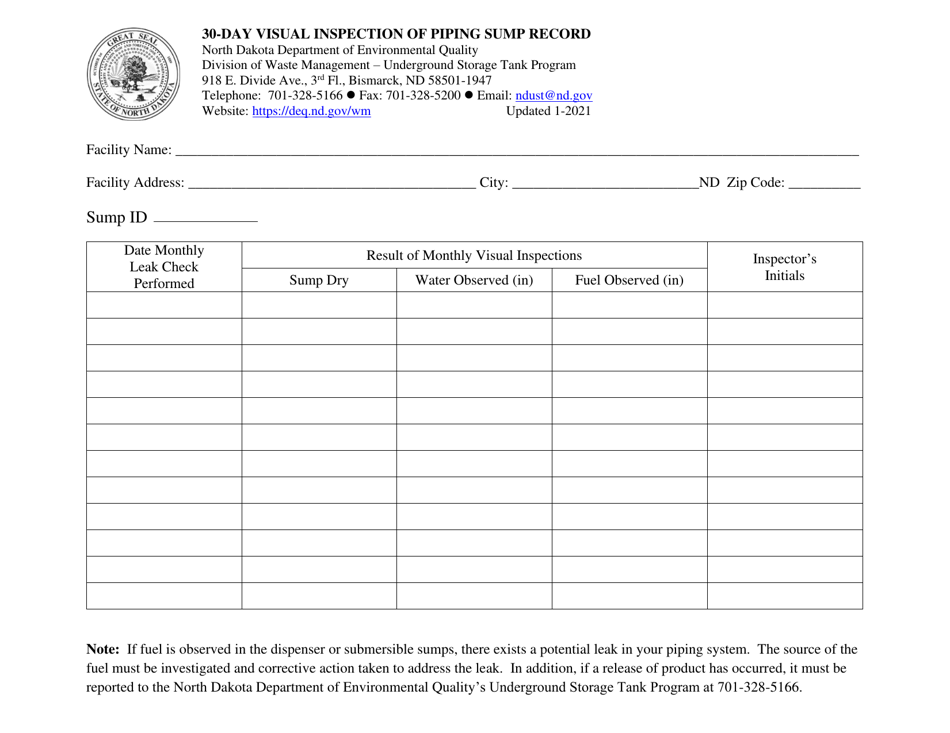 North Dakota 30-day Visual Inspection of Piping Sump Record - Fill Out ...