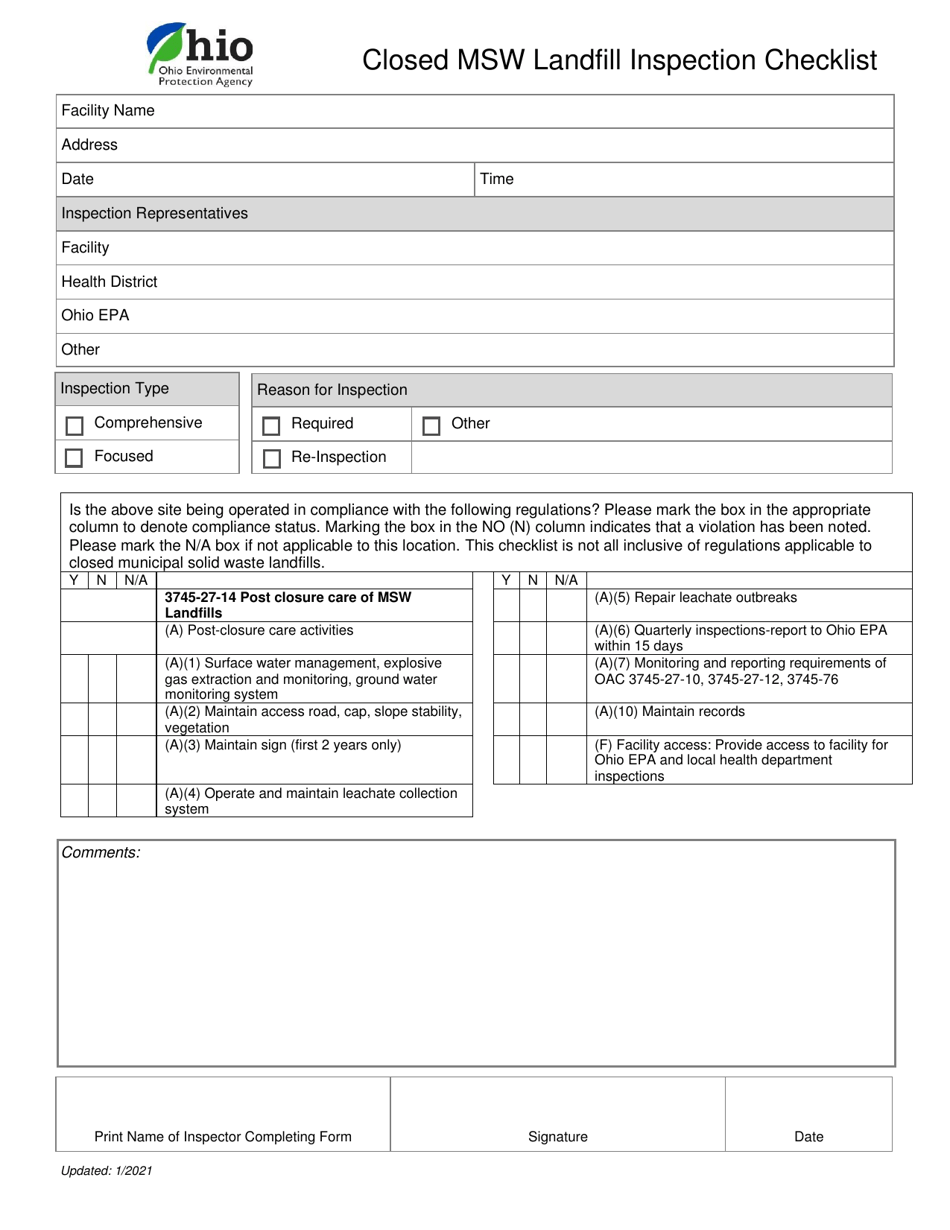 Ohio Closed Msw Landfill Inspection Checklist Download Printable PDF ...