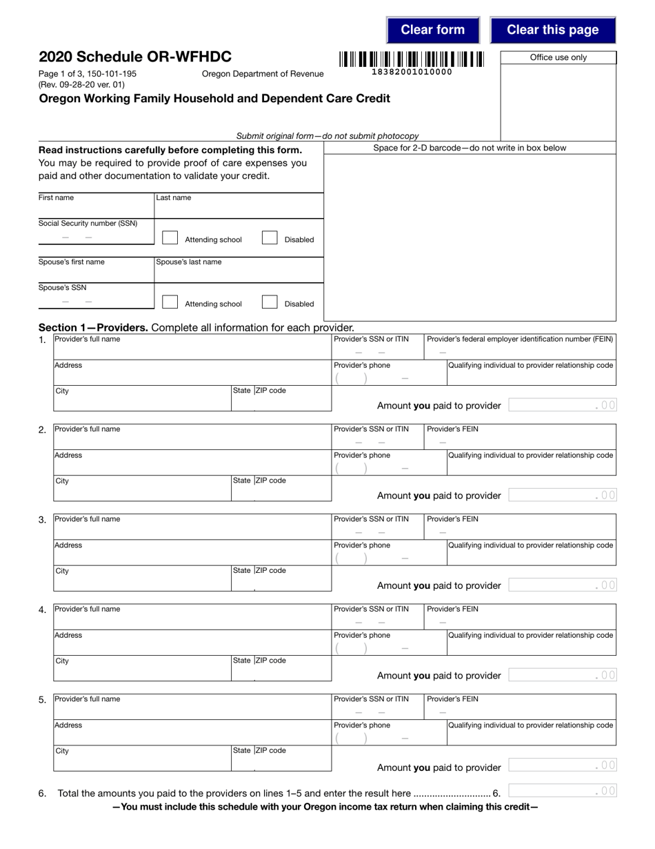 Form 150-101-195 Schedule OR-WFHDC - 2020 - Fill Out, Sign Online and ...