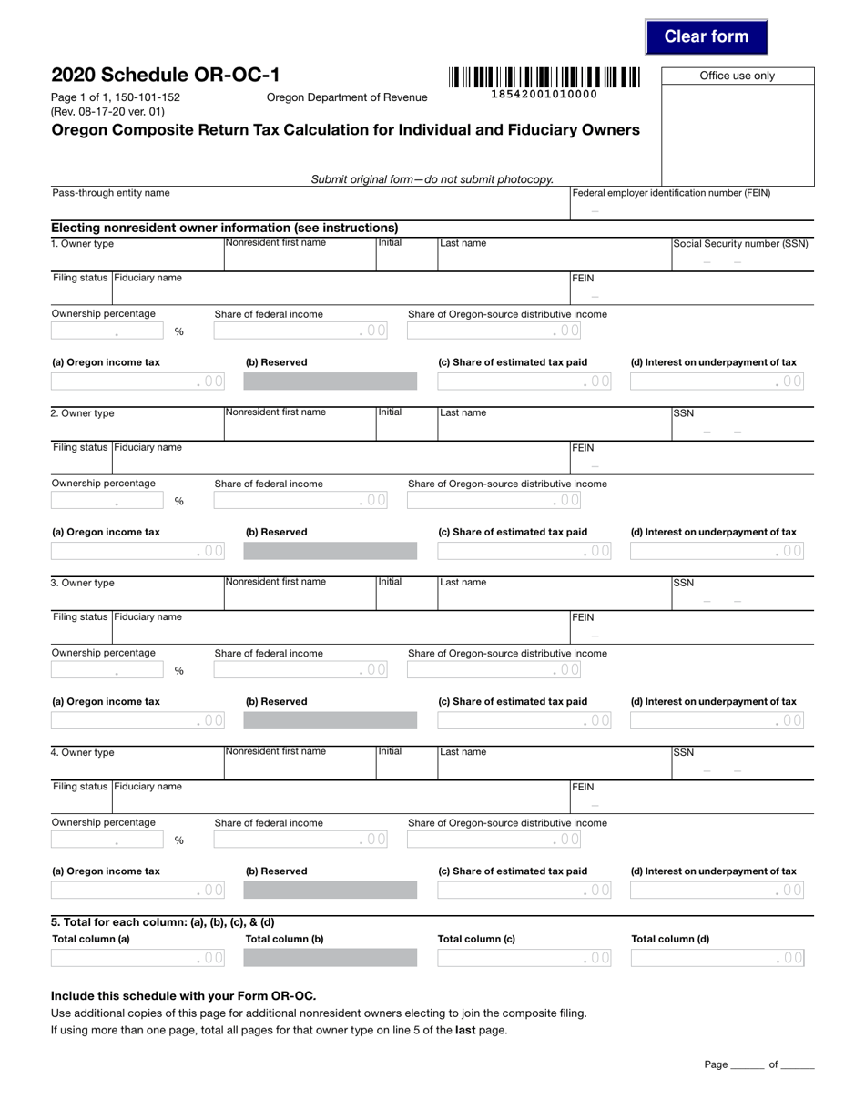 Form 150-101-152 Schedule OR-OC-1 - 2020 - Fill Out, Sign Online and Download Fillable PDF ...