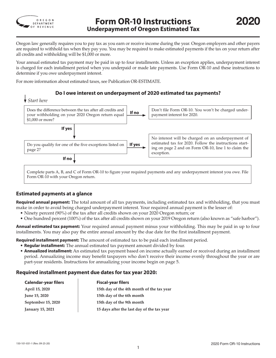 Download Instructions for Form OR-10, 150-101-031 Underpayment of ...