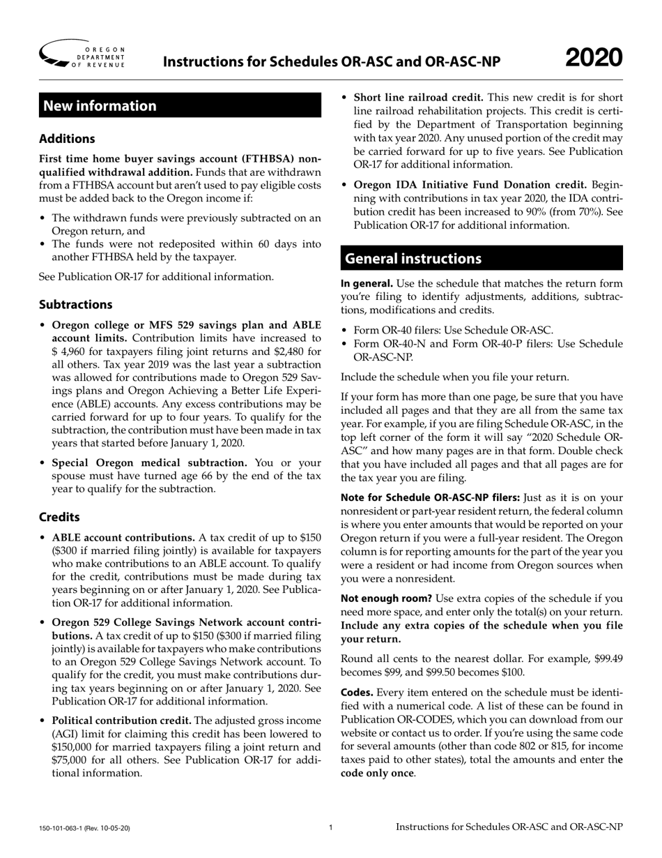Download Instructions for Form 150-101-063, 150-101-064 Schedule OR-ASC ...
