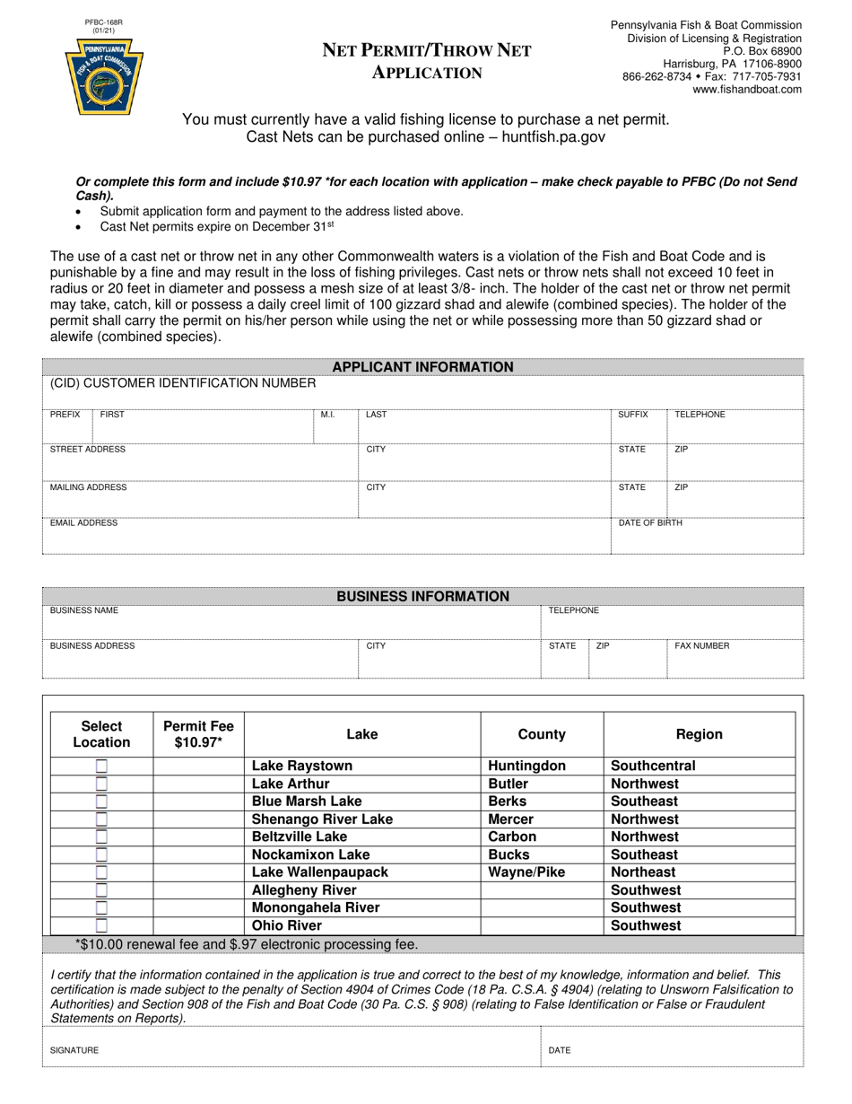 Form PFBC-168R Download Printable PDF or Fill Online Net Permit/Throw ...