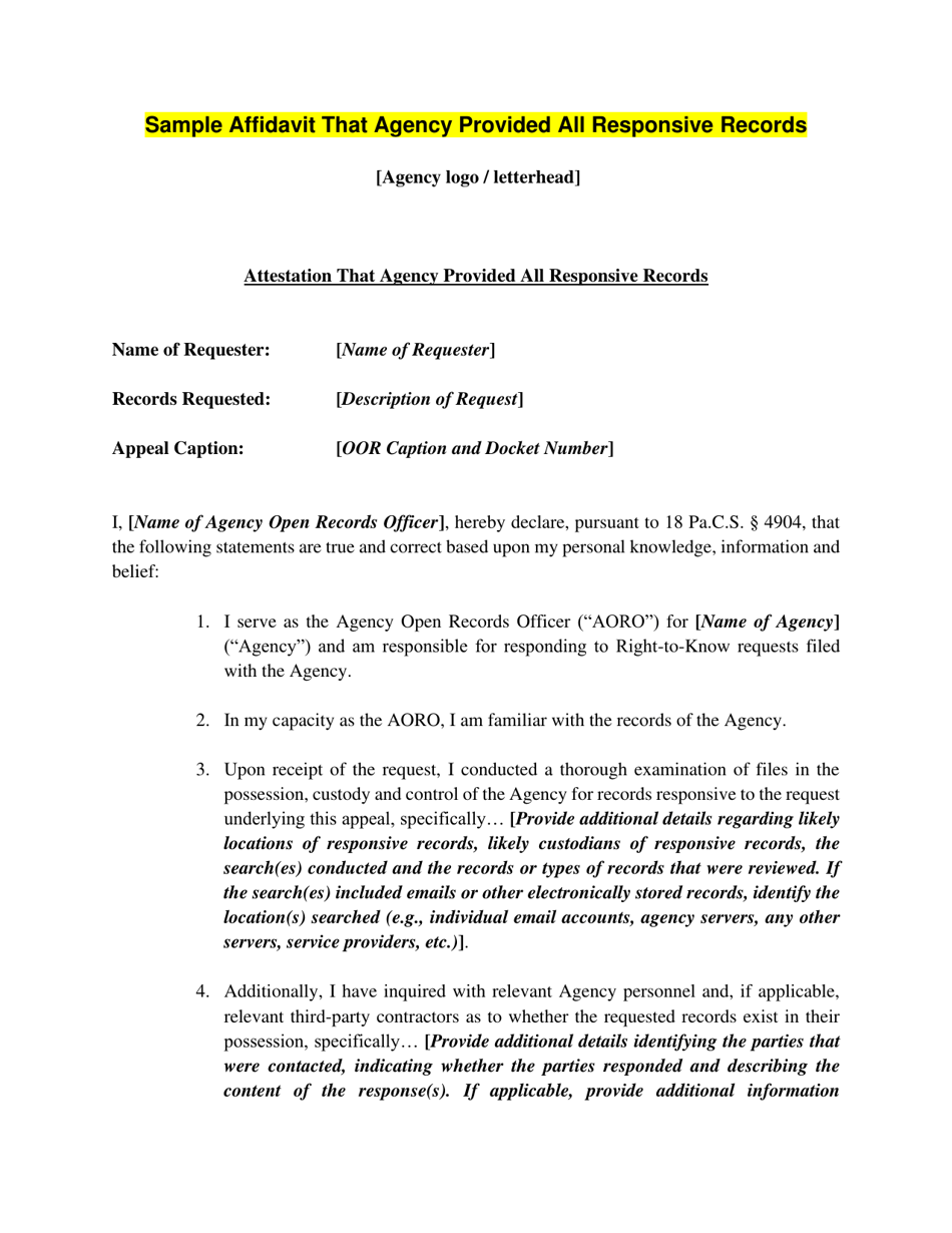 Pennsylvania Sample Affidavit That Agency Provided All Responsive ...