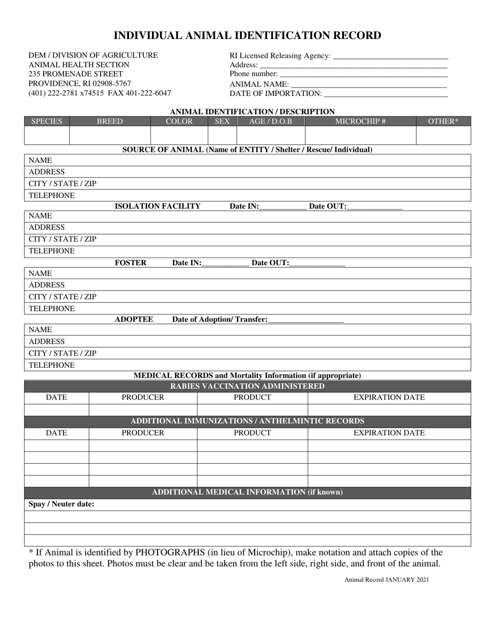 Rhode Island Individual Animal Identification Record - Fill Out, Sign ...