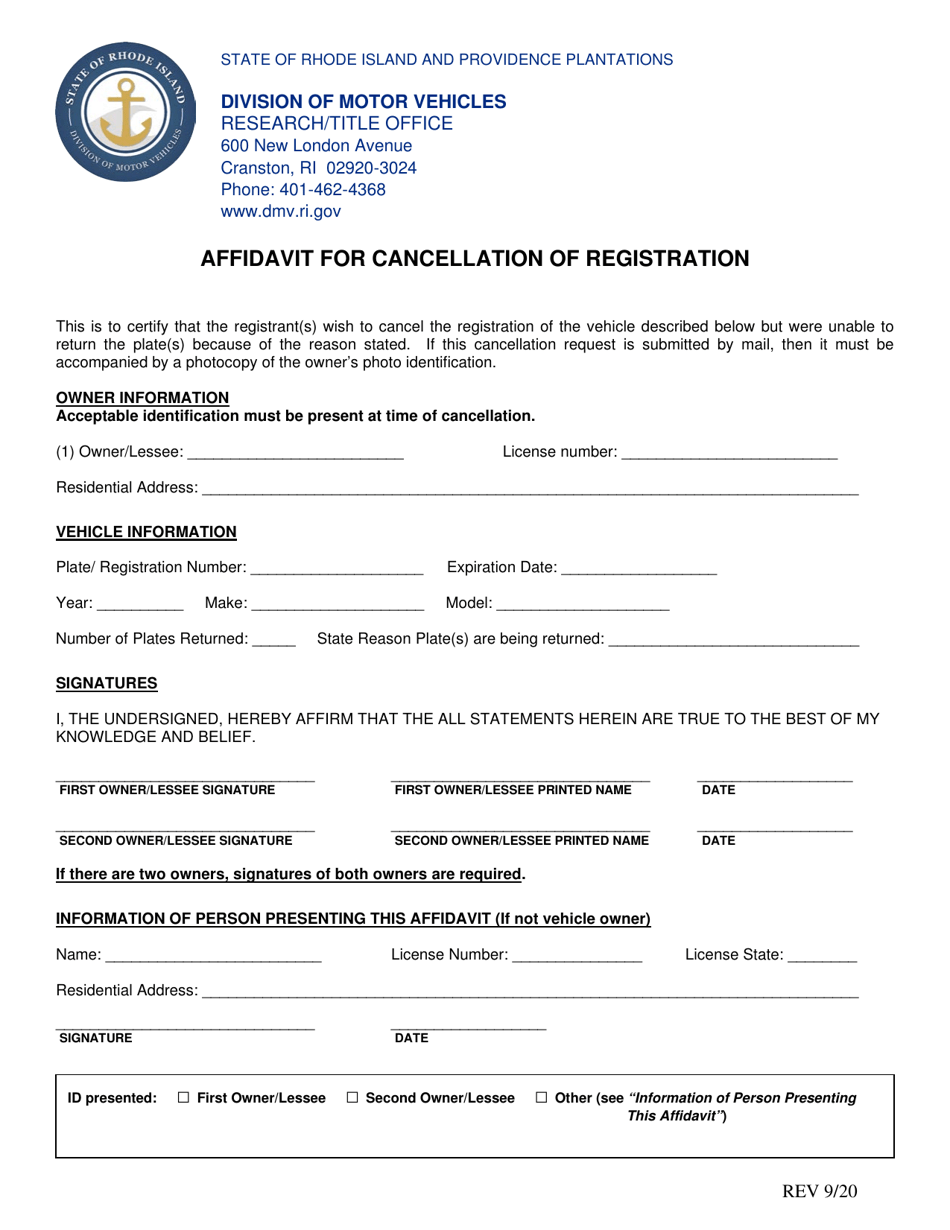 Rhode Island Affidavit for Cancellation of Registration for Lost Plates ...