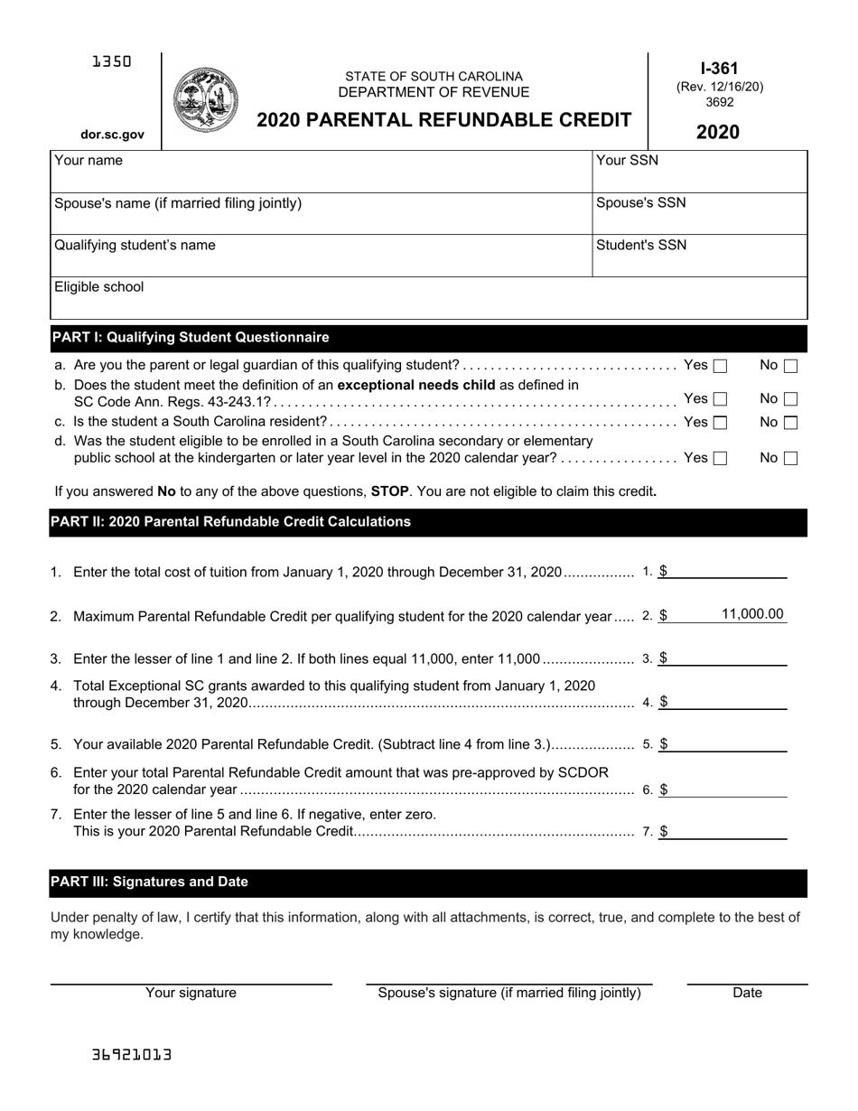 Form I-361 Download Printable PDF or Fill Online Parental Refundable ...