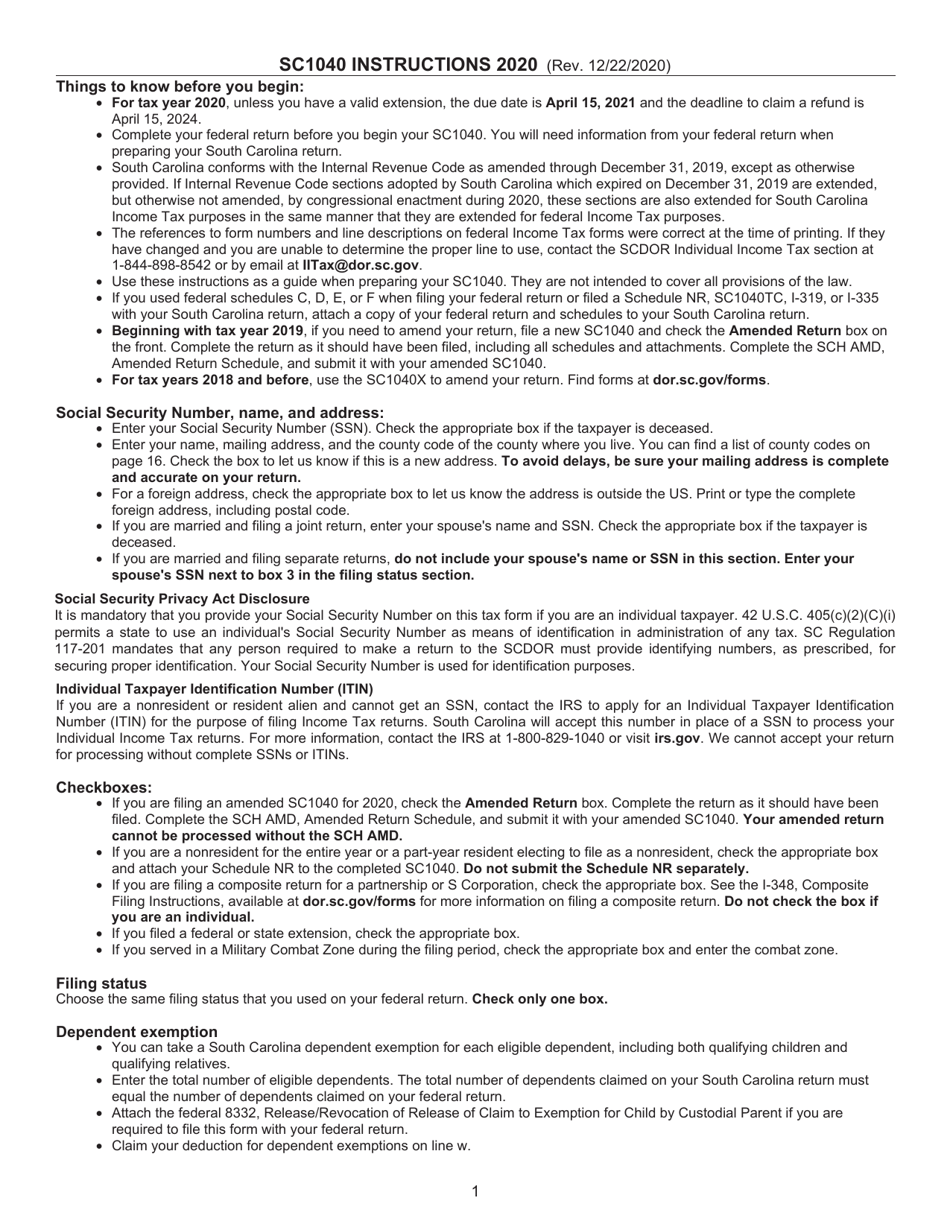 Download Instructions for Form SC1040 Individual Income Tax Return PDF ...