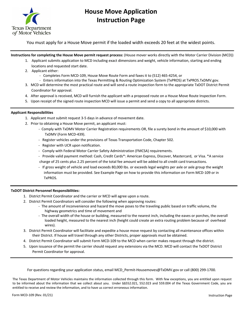 Form MCD-109 Download Fillable PDF or Fill Online House Move ...