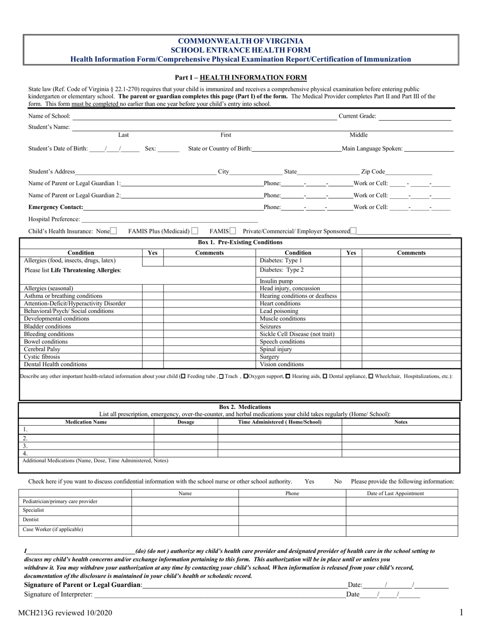 Form MCH213G Download Fillable PDF or Fill Online School Entrance ...