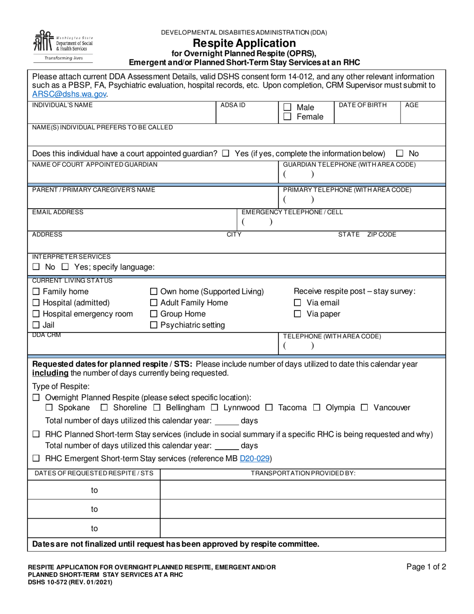 DSHS Form 10-572 Download Printable PDF or Fill Online Respite ...
