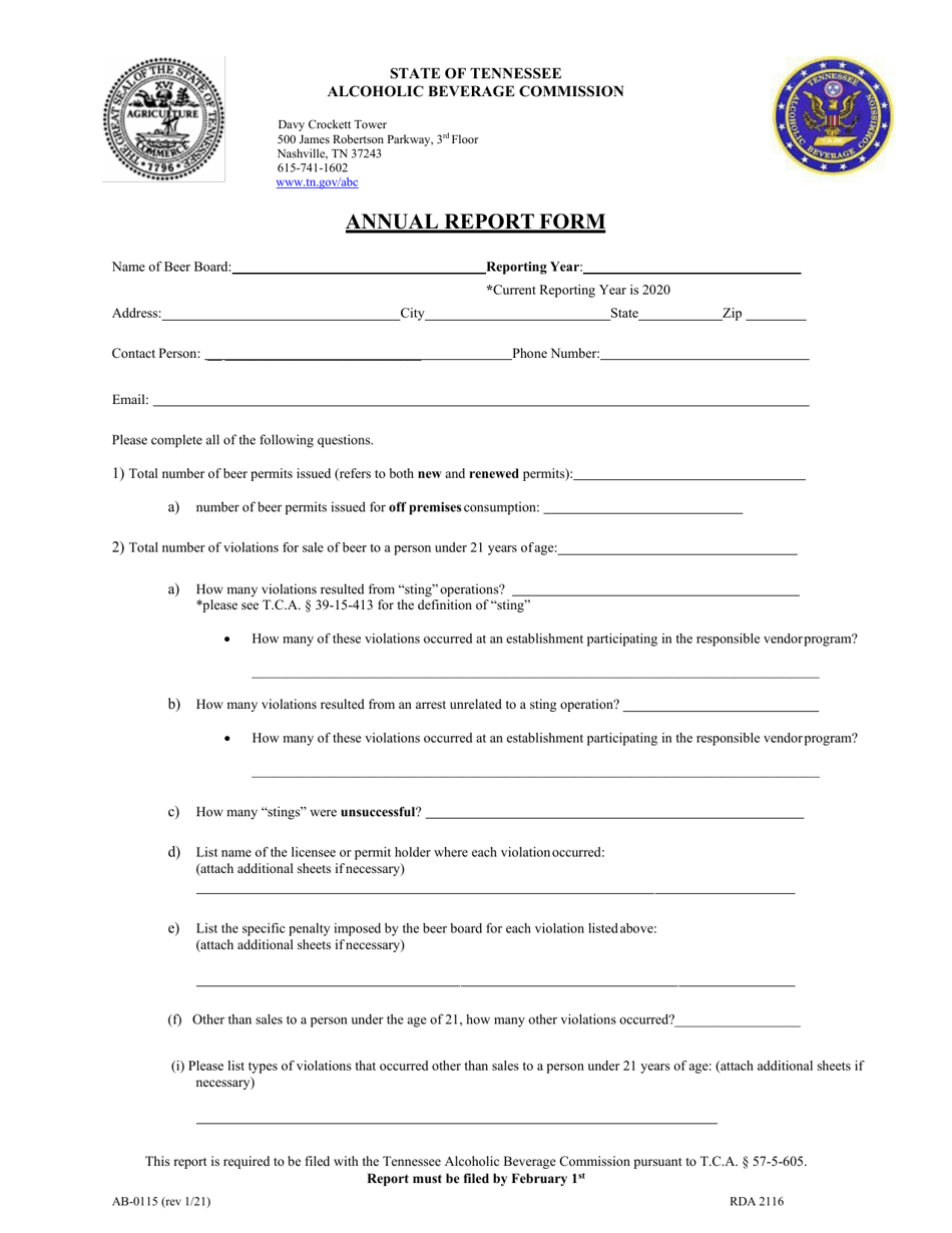 Form AB-0115 Download Fillable PDF or Fill Online Annual Report Form, Tennessee 2014 — 2025 ...