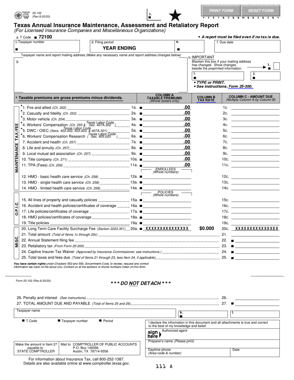 Form 25-102 Download Fillable PDF or Fill Online Texas Annual Insurance ...