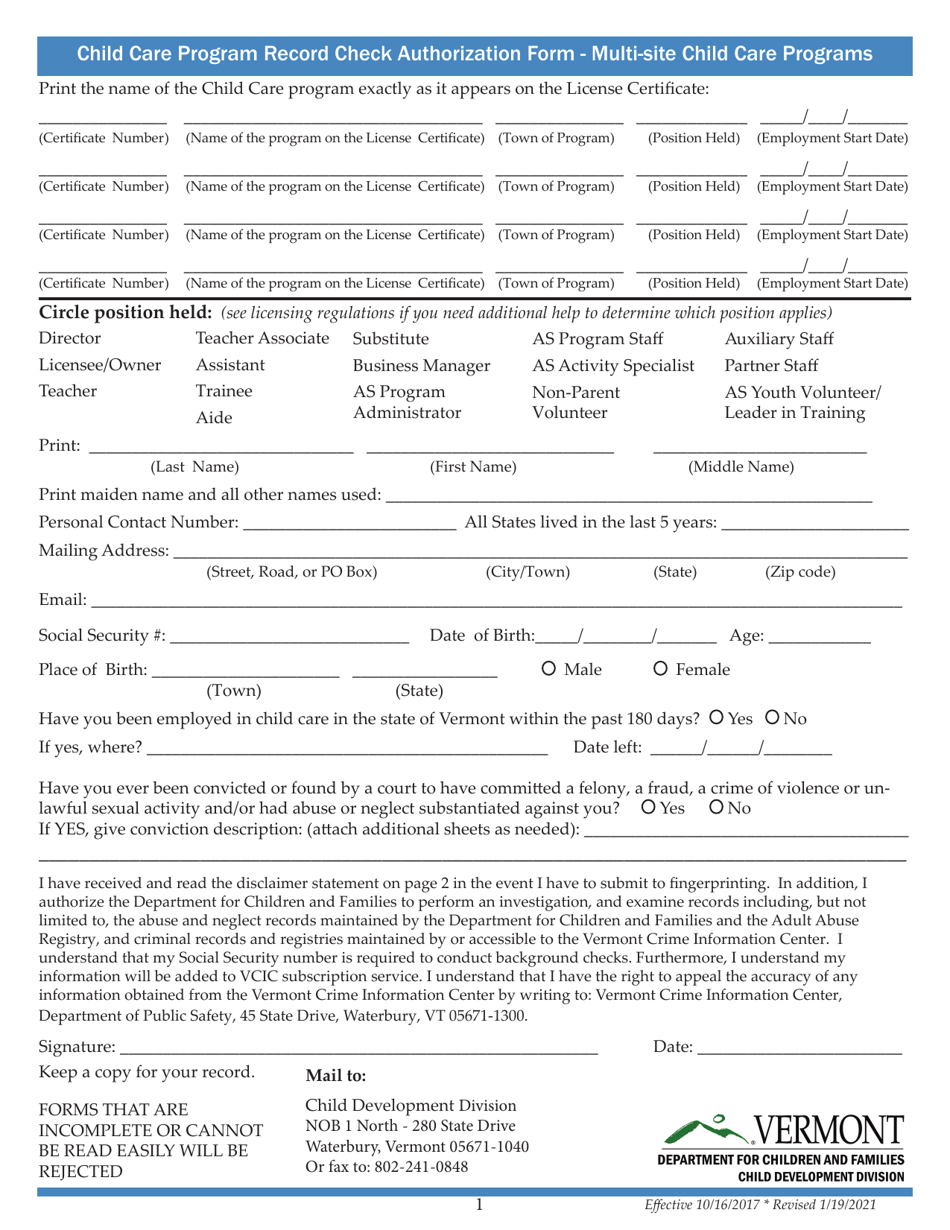 Vermont Child Care Program Record Check Authorization Form - Multi-Site ...