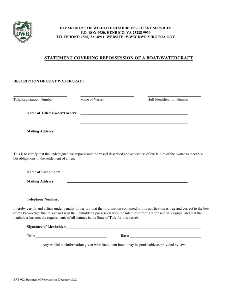 Form BRT-022 Download Fillable PDF or Fill Online Statement Covering ...