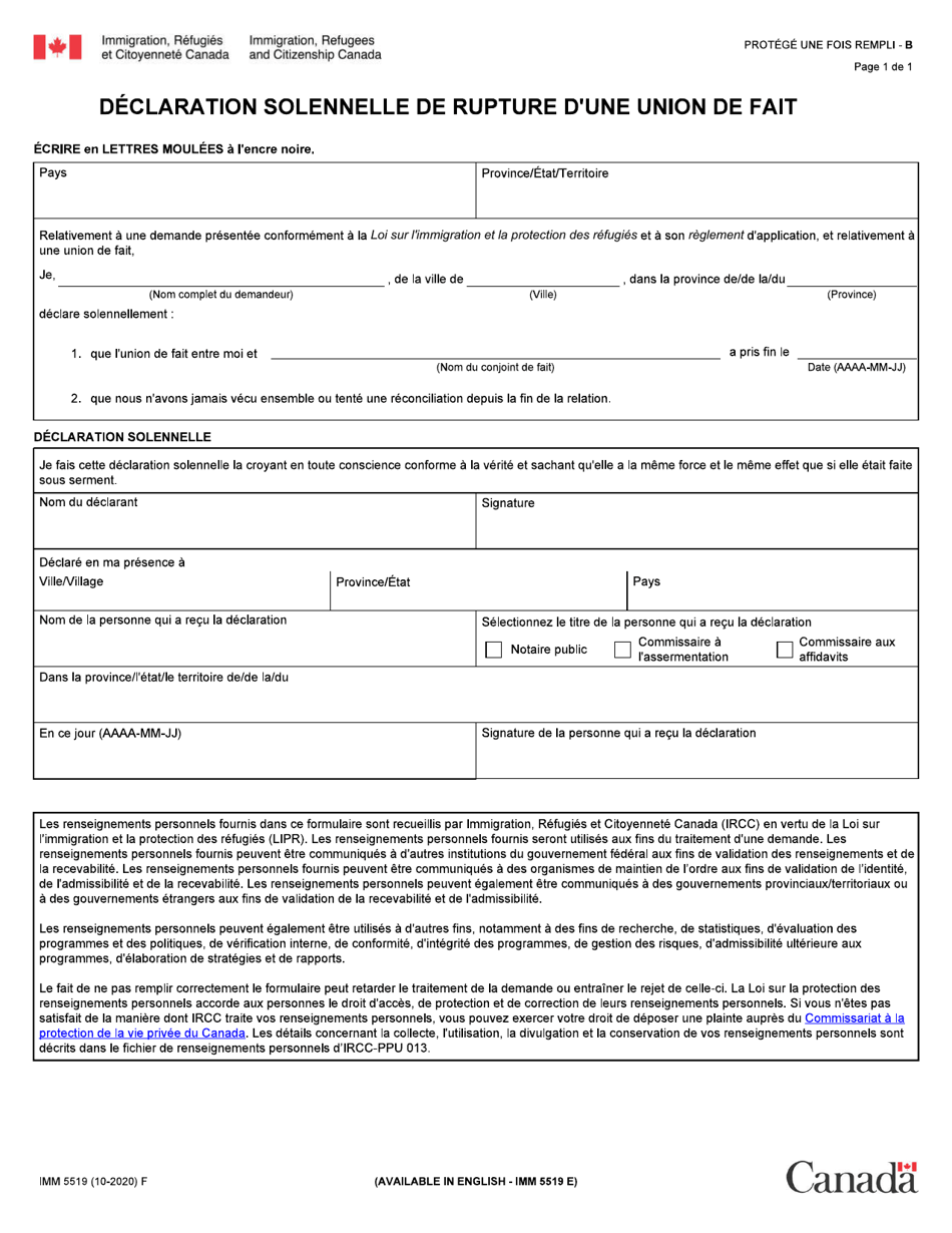 Forme IMM5519 Download Fillable PDF Declaration Solennelle De Rupture D'une Union De Fait ...