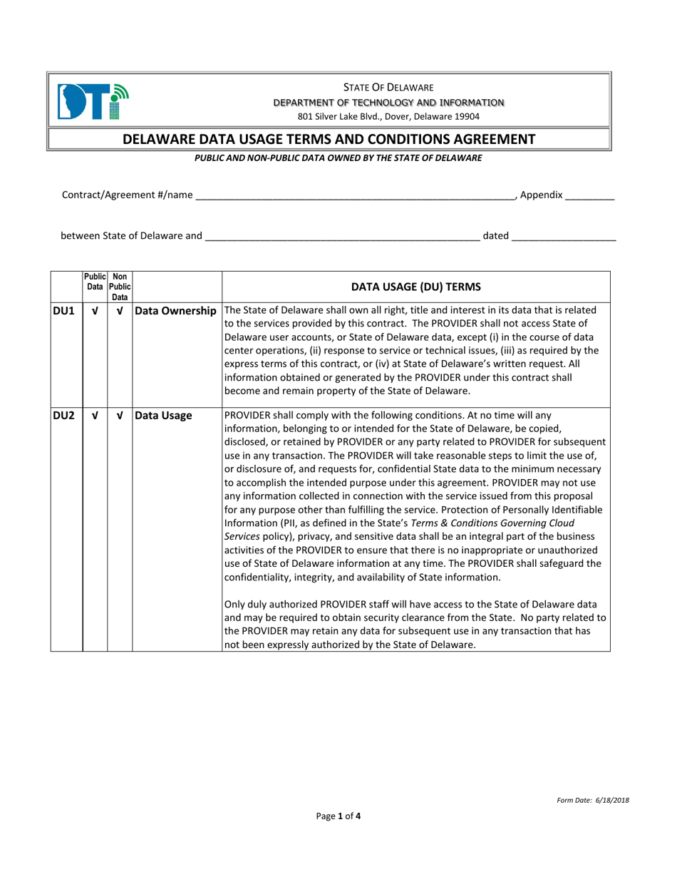 Delaware Delaware Data Usage Terms and Conditions Agreement - Fill Out ...