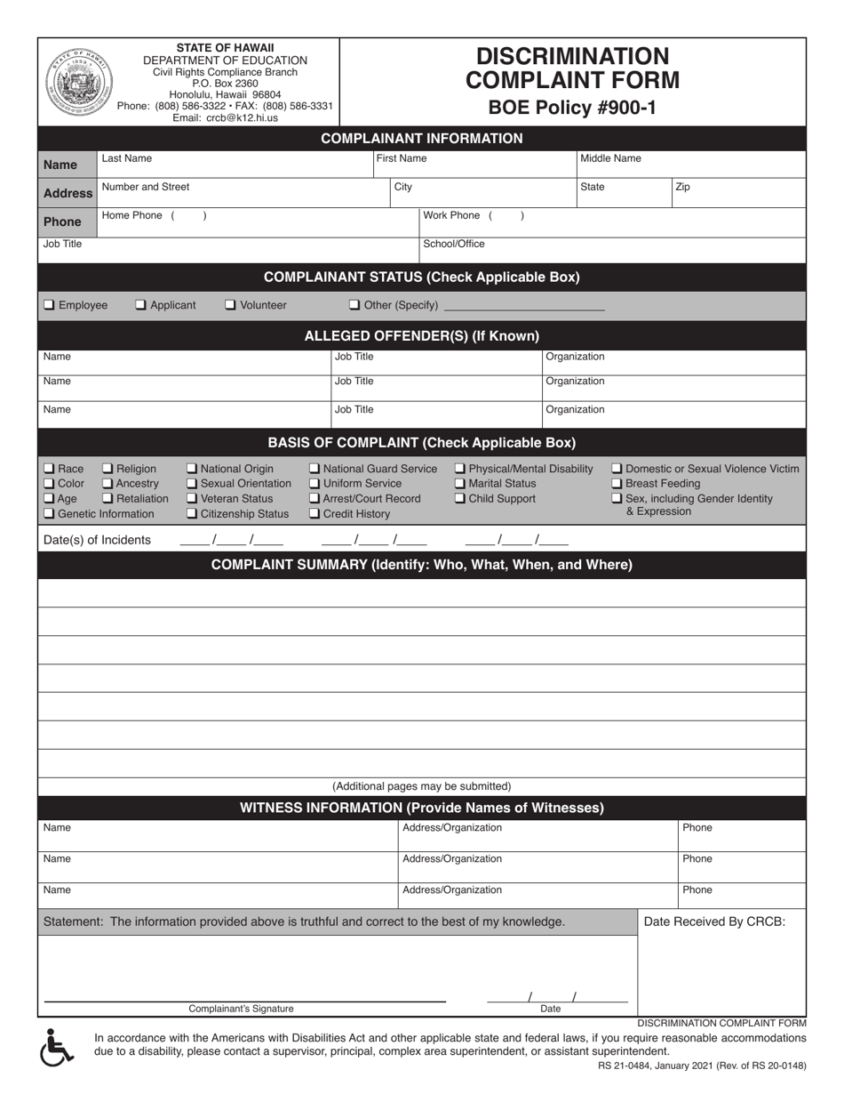 Hawaii Discrimination Complaint Form - Fill Out, Sign Online and ...