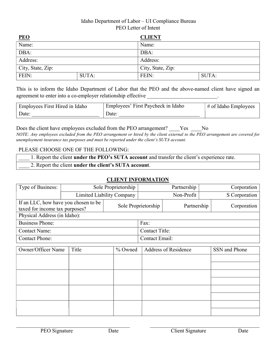 Idaho Peo Letter of Intent - Fill Out, Sign Online and Download PDF ...