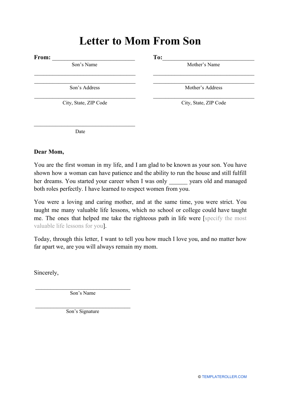 Letter to Mom From Son Template Download Printable PDF | Templateroller