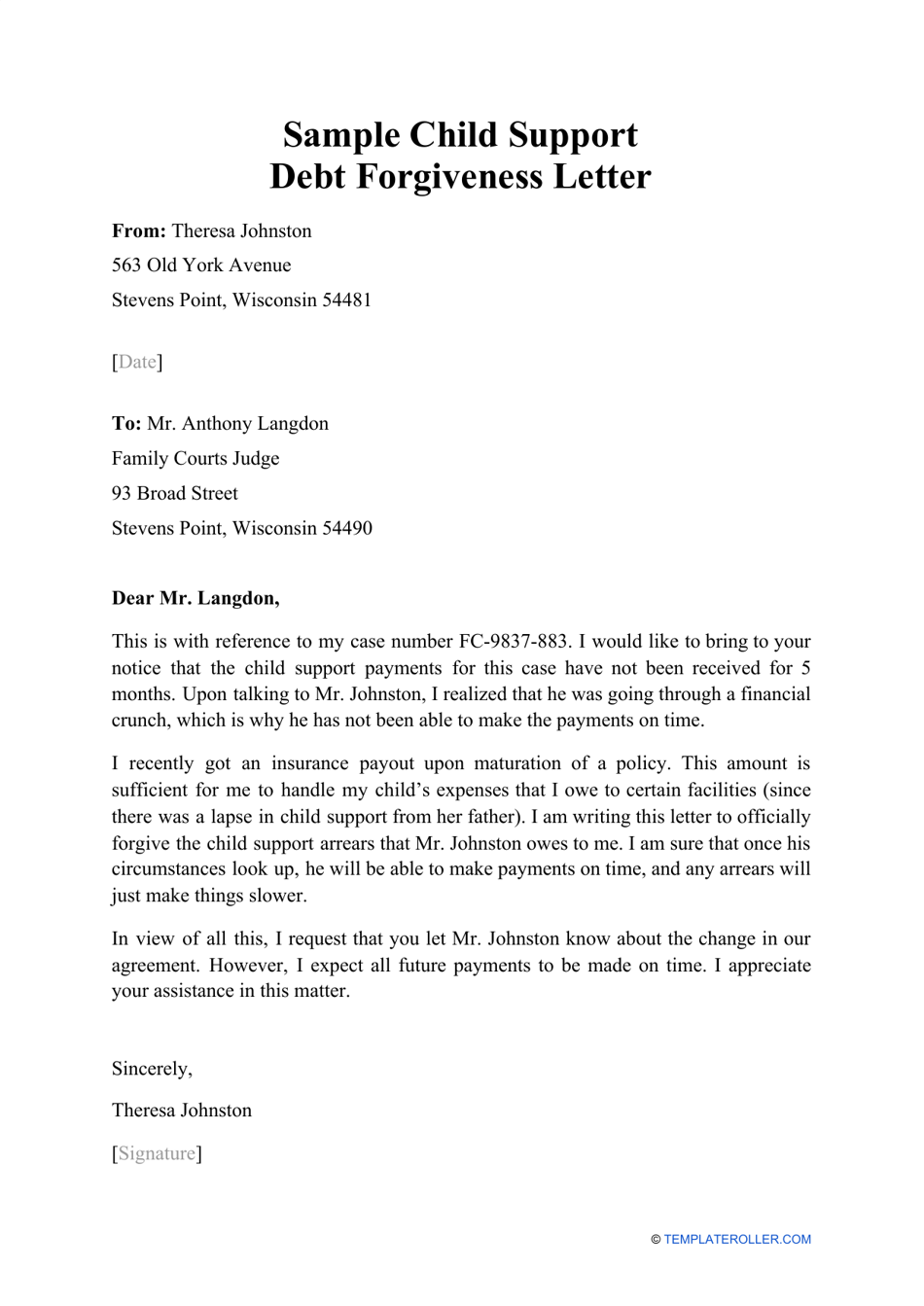 Sample Child Support Debt Forgiveness Letter Download Printable PDF 
