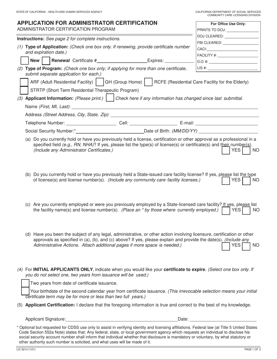 Form LIC9214 - Fill Out, Sign Online and Download Fillable PDF ...