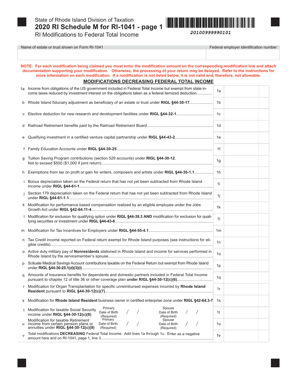 Form RI-1041 Schedule M - 2020 - Fill Out, Sign Online and Download ...