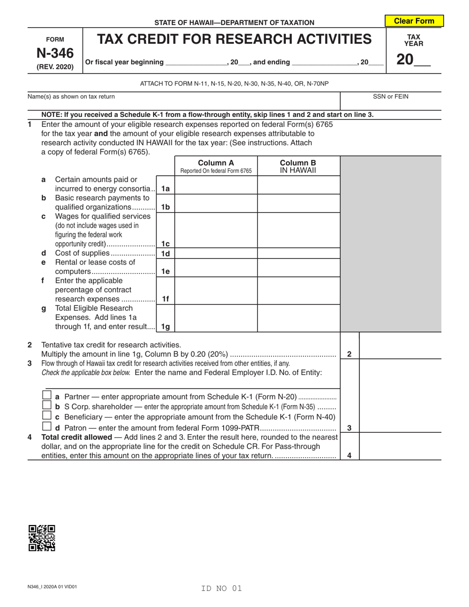 Form N-346 Download Fillable PDF or Fill Online Tax Credit for Research ...
