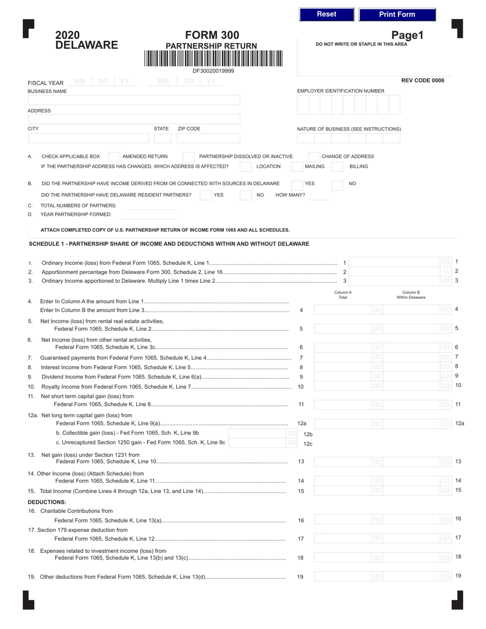 Form 300 Download Fillable Pdf Or Fill Online Partnership Return - 2020 ...