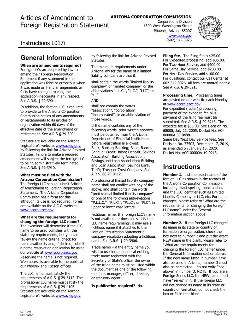 Download Instructions for Form L017 Articles of Amendment to Foreign ...