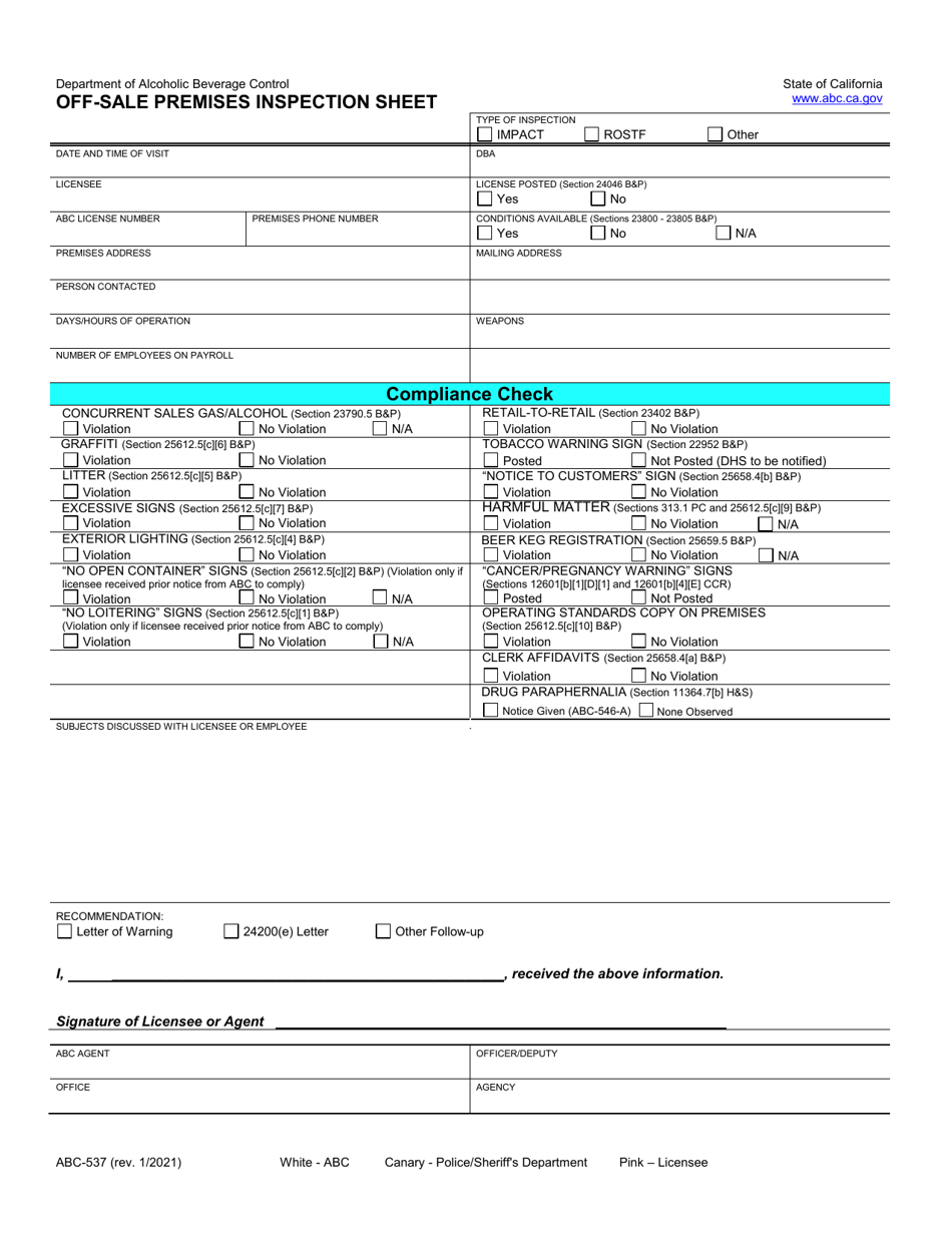 Form ABC-537 Download Printable PDF or Fill Online Off-Sale Premises ...