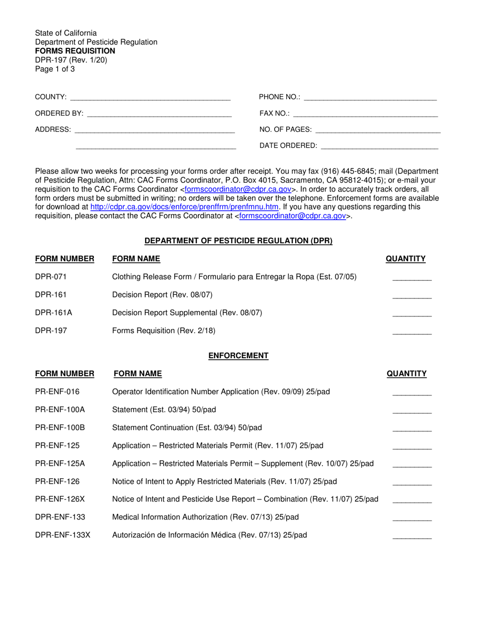 Form DPR-197 Download Fillable PDF or Fill Online Forms Requisition ...