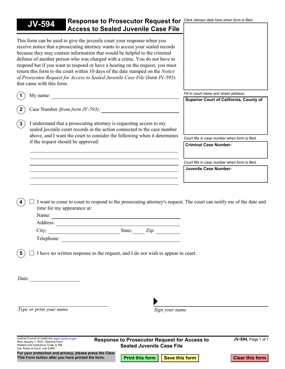 Form JV-594 - Fill Out, Sign Online and Download Fillable PDF ...