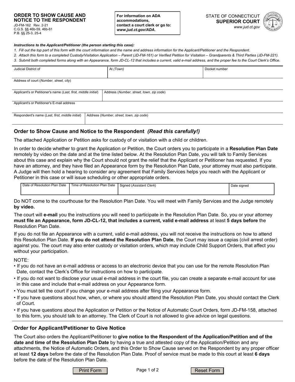 Form JD-FM-162 Download Fillable PDF or Fill Online Order to Show Cause ...