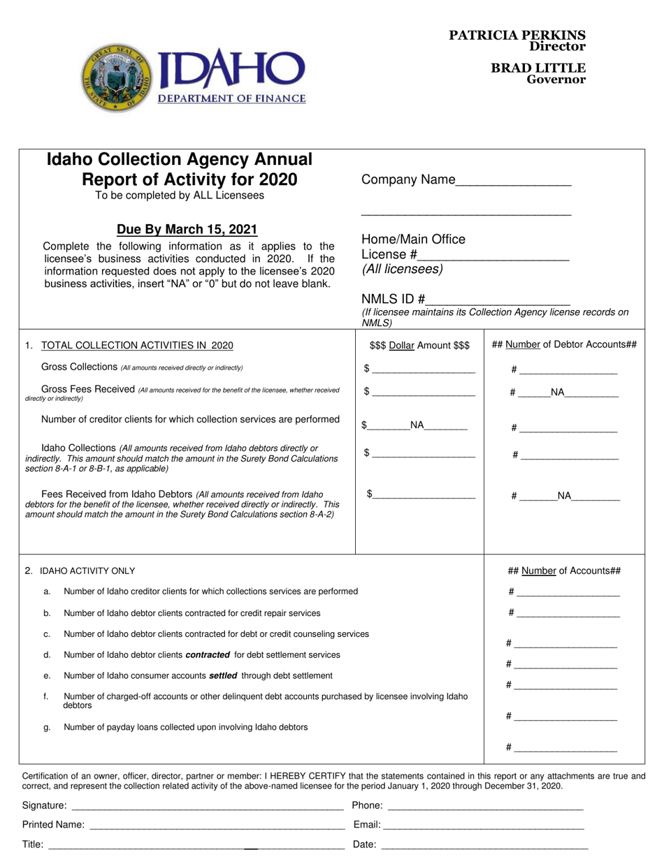 2020 Idaho Idaho Collection Agency Annual Report of Activity - Fill Out ...