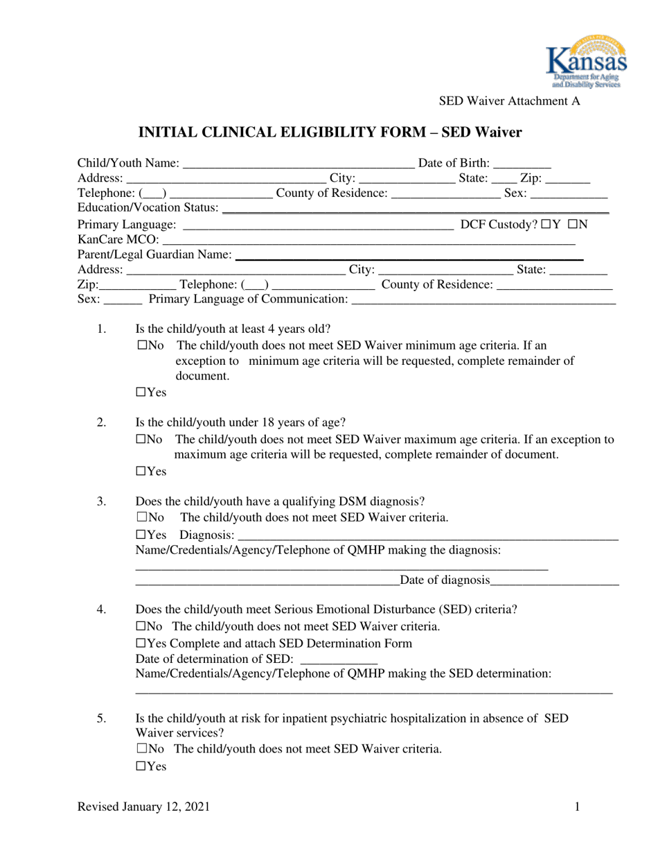 Kansas Initial Clinical Eligibility Form - Sed Waiver - Fill Out, Sign ...