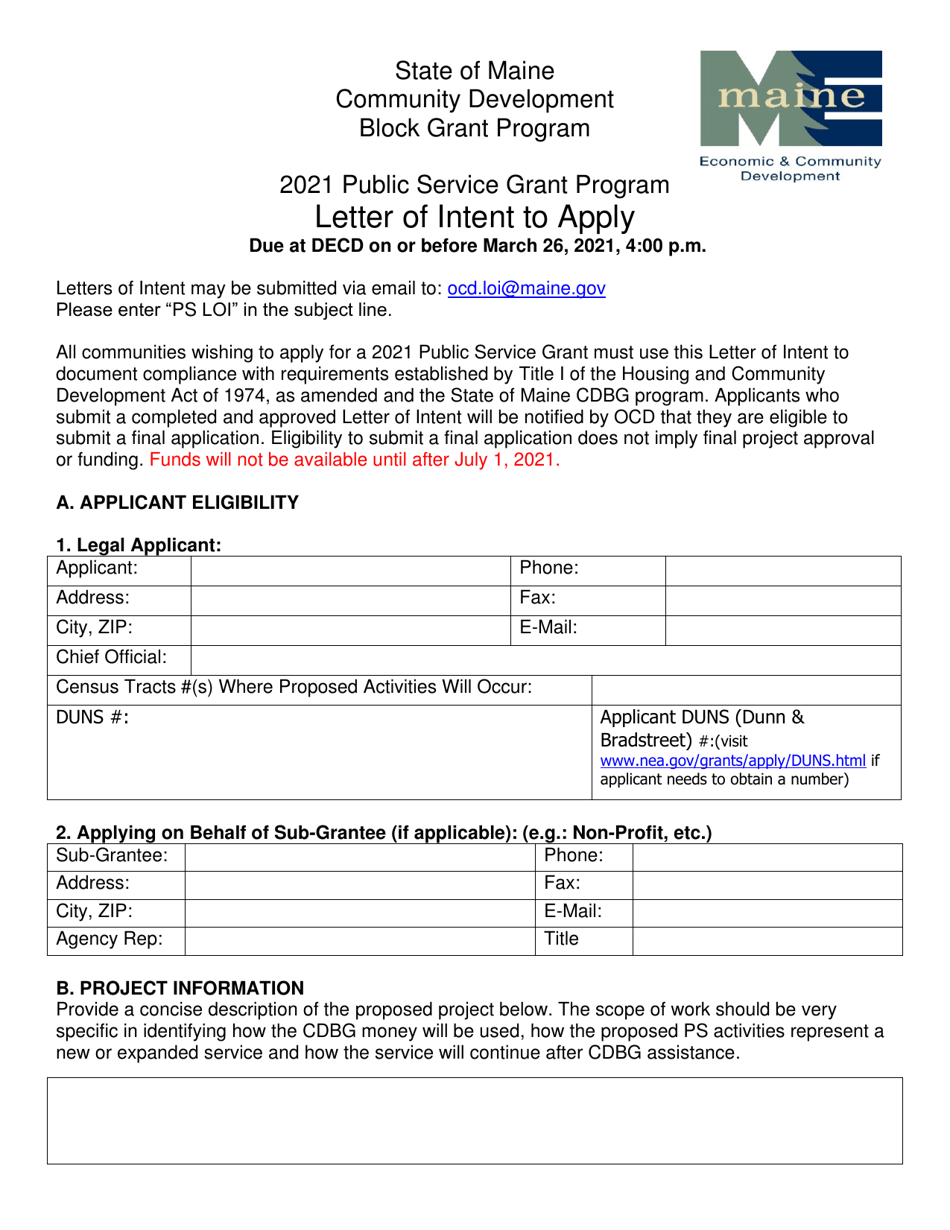 2021 Maine Public Service Grant Program Letter of Intent to Apply ...