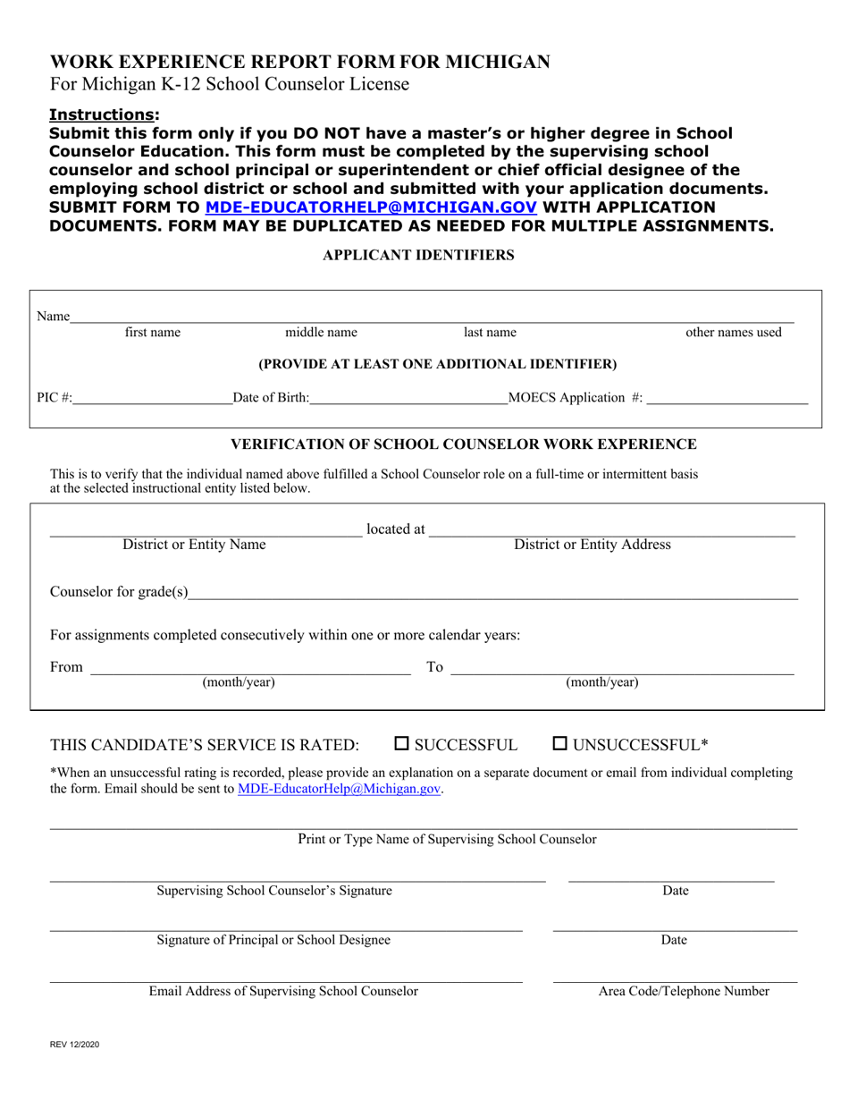 Michigan Work Experience Report Form for Michigan for Michigan K-12 ...
