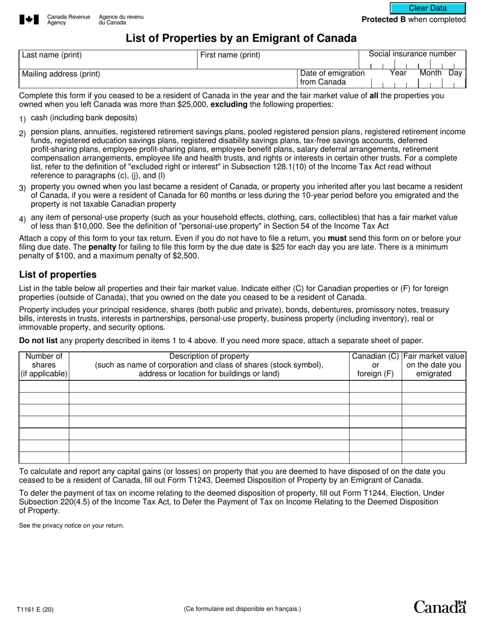 Form T1161 - Fill Out, Sign Online and Download Fillable PDF, Canada ...